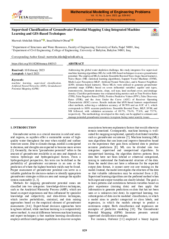 (PDF) Supervised Classification of Groundwater Potential Mapping Using Integrated Machine ...