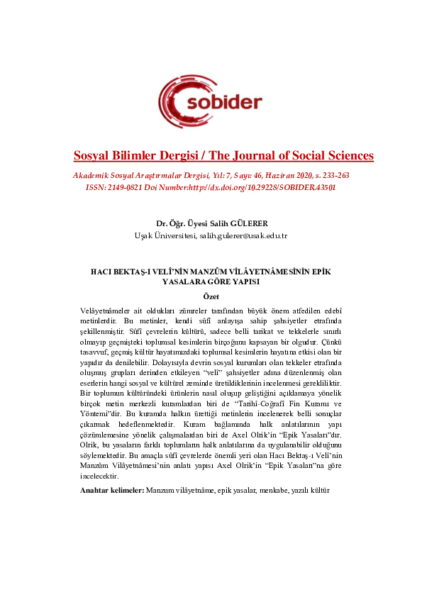 (PDF) Haci Bektaş-I Velî’Ni̇n Manzûm Vi̇lâyetnâmesi̇ni̇n Epi̇k Yasalara Göre Yapisi
