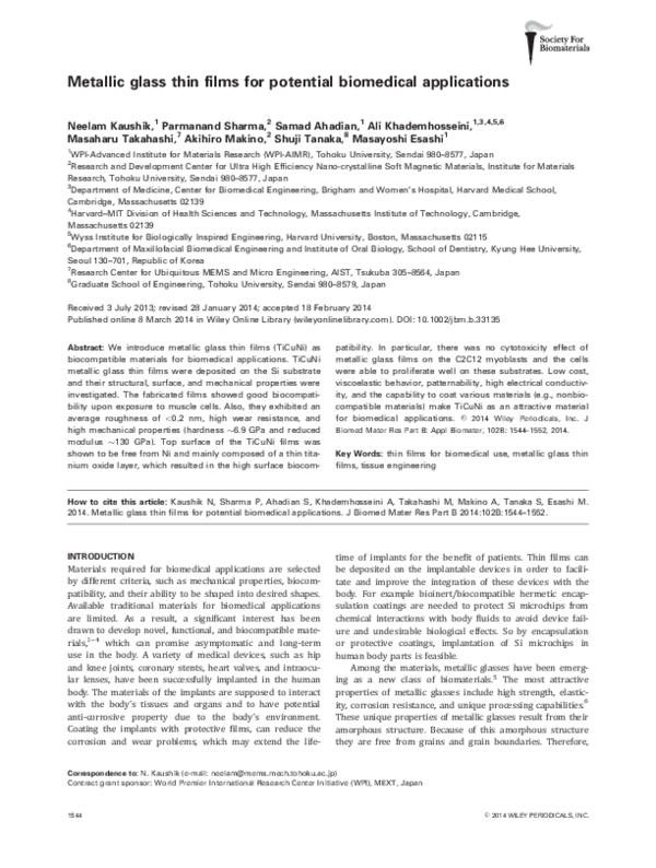 (PDF) Metallic glass thin films for potential biomedical applications