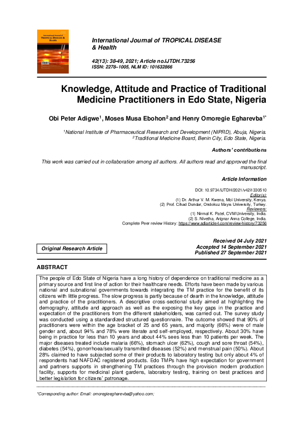 (PDF) Knowledge, Attitude and Practice of Traditional Medicine Practitioners in Edo State, Nigeria