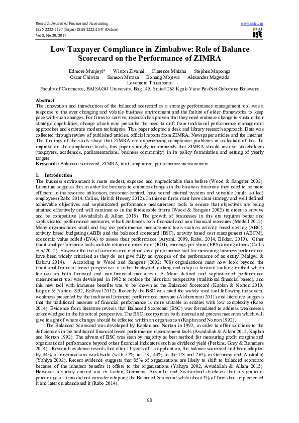 (PDF) Low Taxpayer Compliance in Zimbabwe: Role of Balance Scorecard on ...