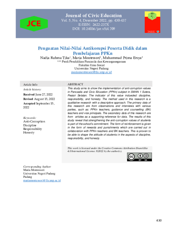 (PDF) Penguatan Nilai-Nilai Antikorupsi Peserta Didik dalam Pembelajaran PPKn