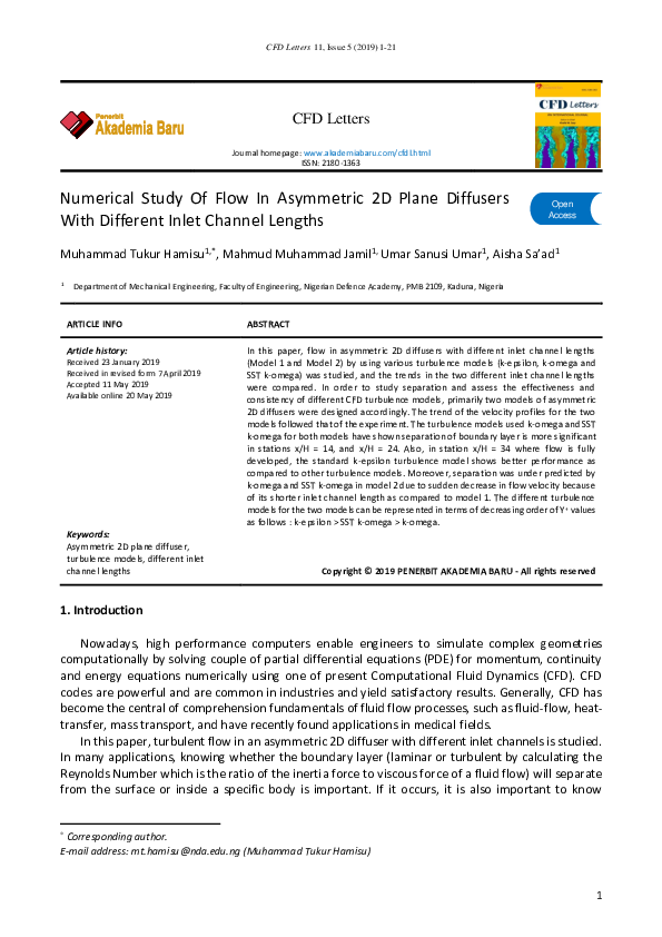 (PDF) Numerical Study Of Flow In Asymmetric 2 D Plane Diffusers With Different Inlet Channel Lengths