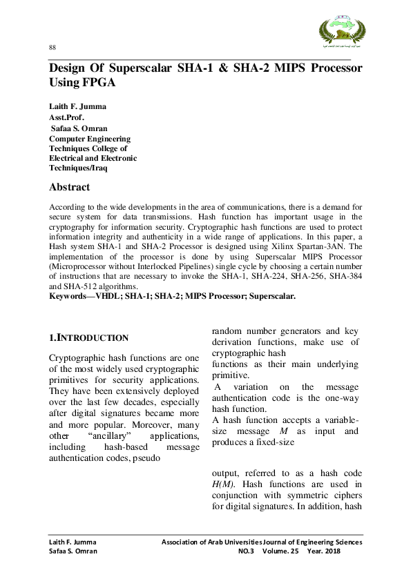 (PDF) Design Of Superscalar SHA-1 & SHA-2 MIPS Processor Using FPGA