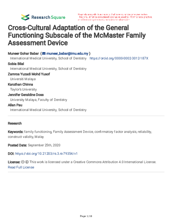 (PDF) Cross-Cultural Adaptation of the General Functioning Subscale of the McMaster Family ...