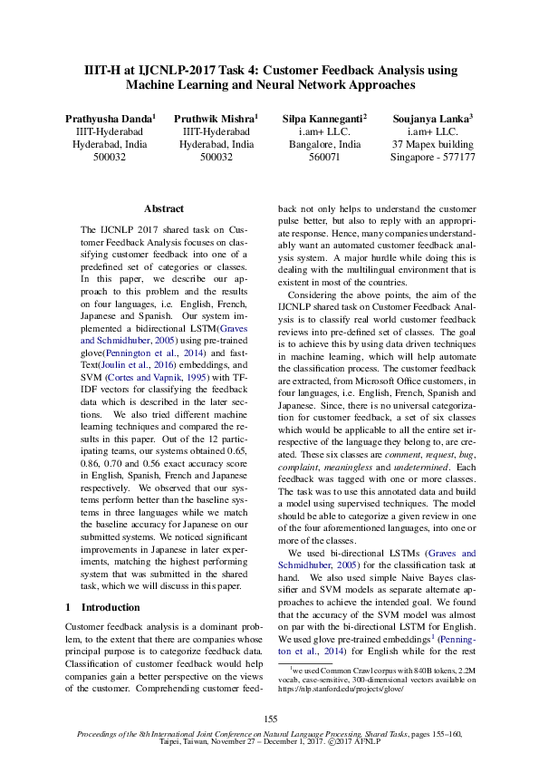 Pdf Iiit H At Ijcnlp 2017 Task 4 Customer Feedback Analysis Using Machine Learning And Neural