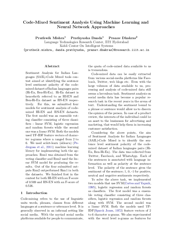 (PDF) Code-Mixed Sentiment Analysis Using Machine Learning and Neural ...
