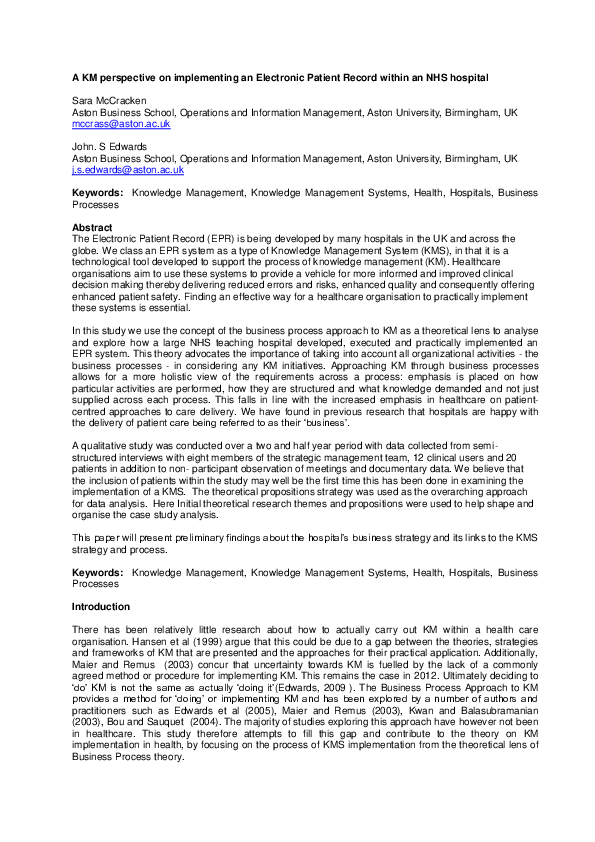 (PDF) A KM perspective on implementing an Electronic Patient Record ...