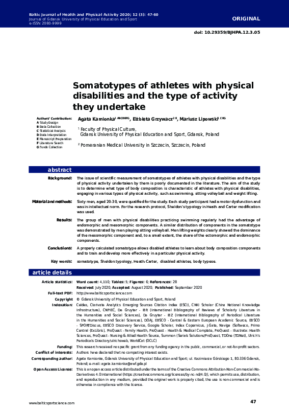 (PDF) Somatotypes of athletes with physical disabilities and the type ...