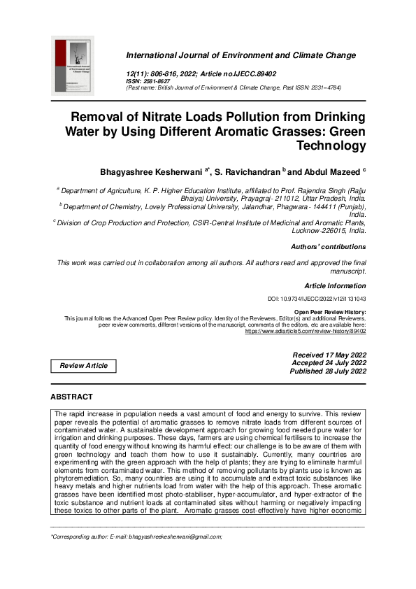 Pdf Removal Of Nitrate Loads Pollution From Drinking Water By Using Different Aromatic Grasses
