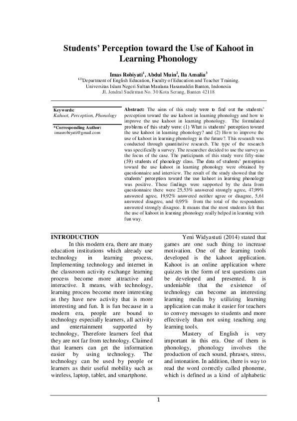 (PDF) Students’ Perception toward the Use of Kahoot in Learning Phonology