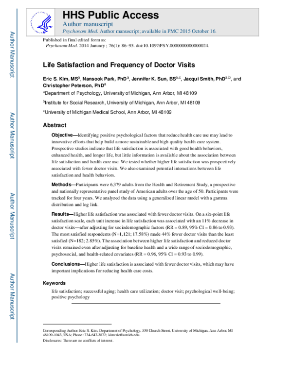 (PDF) Life Satisfaction and Frequency of Doctor Visits