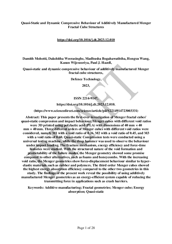 Pdf Quasi Static And Dynamic Compressive Behaviour Of Additively Manufactured Menger Fractal