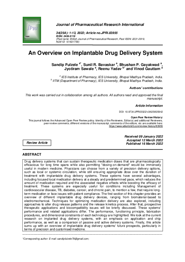 (PDF) An Overview on Implantable Drug Delivery System
