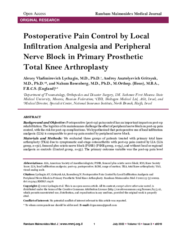 (PDF) Postoperative Pain Control by Local Infiltration Analgesia and ...