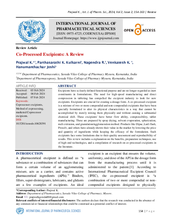 (PDF) Co Processed Excipients: A Review