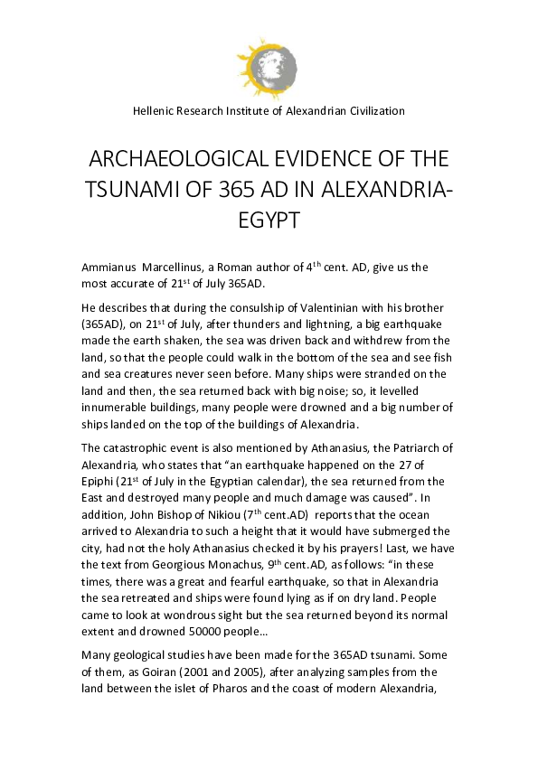 (PDF) ARCHAEOLOGICAL EVIDENCE OF THE TSUNAMI OF 365 AD IN ALEXANDRIA-EGYPT