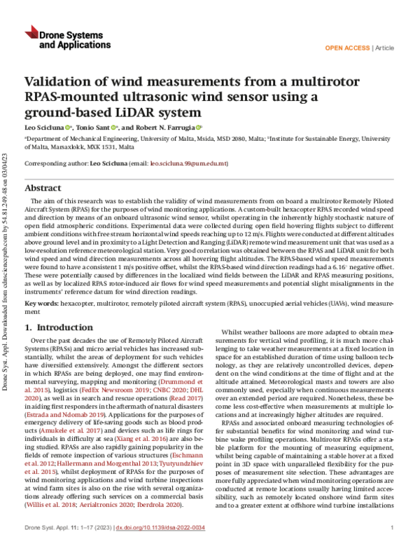 (PDF) Validation of wind measurements from a multirotor RPAS-mounted ultrasonic wind sensor ...