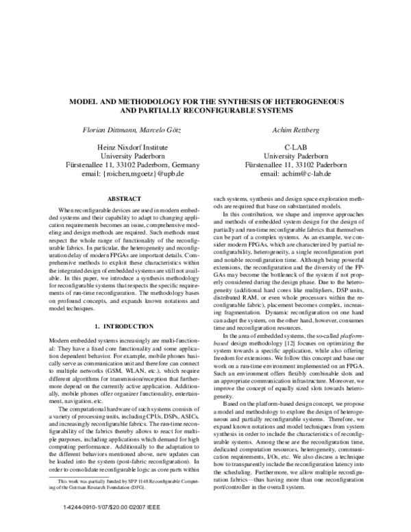 (PDF) Model and Methodology for the Synthesis of Heterogeneous and Partially Reconfigurable ...