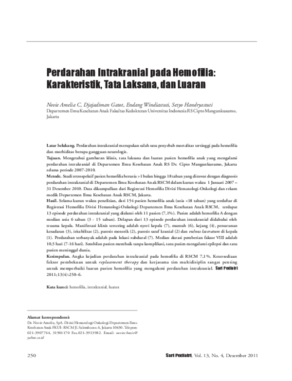 (PDF) Perdarahan Intrakranial pada Hemofilia: Karakteristik, Tata Laksana, dan Luaran