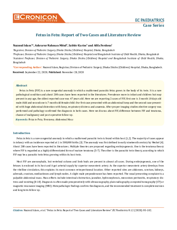 (PDF) Fetus in Fetu: Report of Two Cases and Literature Review