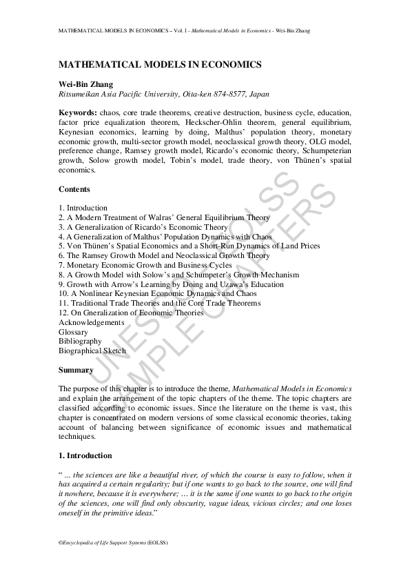 (PDF) Mathematical models in economics