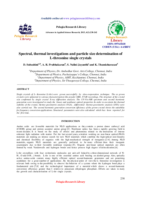 (PDF) Spectral, thermal investigations and particle size determination ofL-threonine single crystals