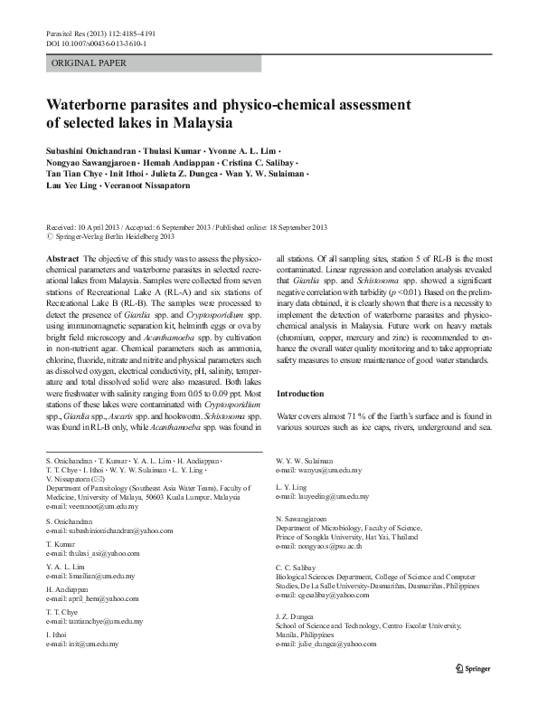 (PDF) Waterborne parasites and physico-chemical assessment of selected ...