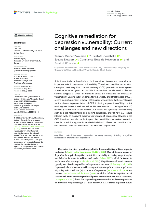 (PDF) Cognitive remediation for depression vulnerability: Current ...