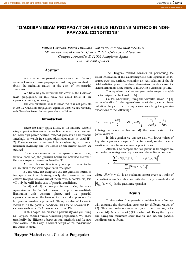 (PDF) Gaussian beam propagation versus Huygens method in non-paraxial ...