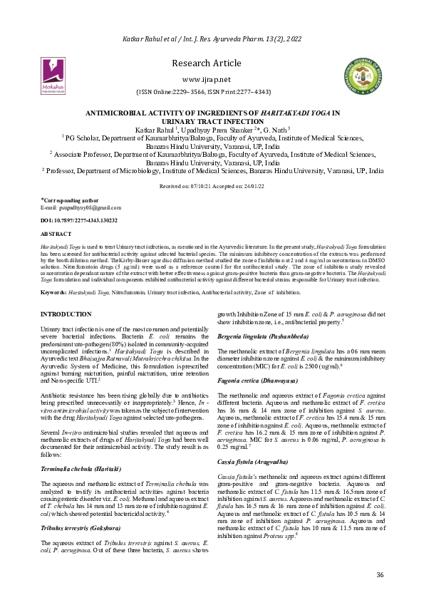 (PDF) ANTIMICROBIAL ACTIVITY OF INGREDIENTS OF HARITAKYADI YOGA IN ...