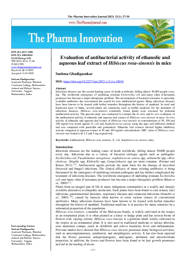 (PDF) Evaluation of antibacterial activity of ethanolic and aqueous leaf extract of Hibiscus ...