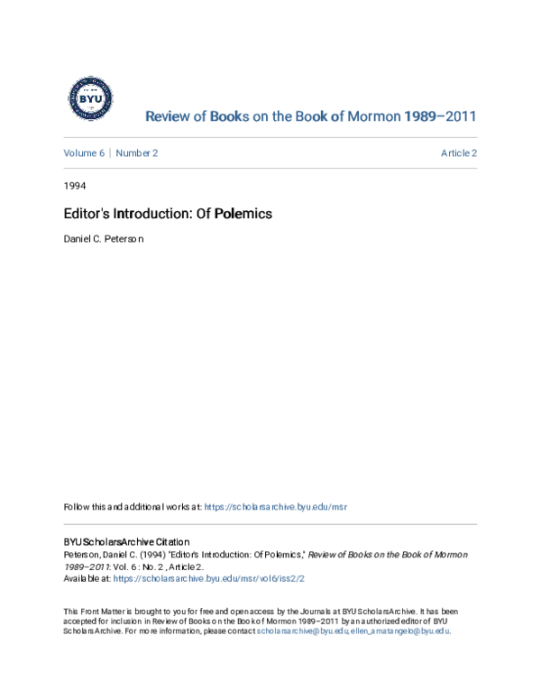 (PDF) Editor’s Introduction: Of Polemics