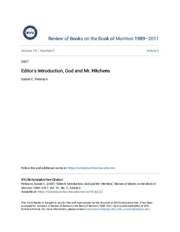 (PDF) Editor’s Introduction: God and Mr. Hitchens
