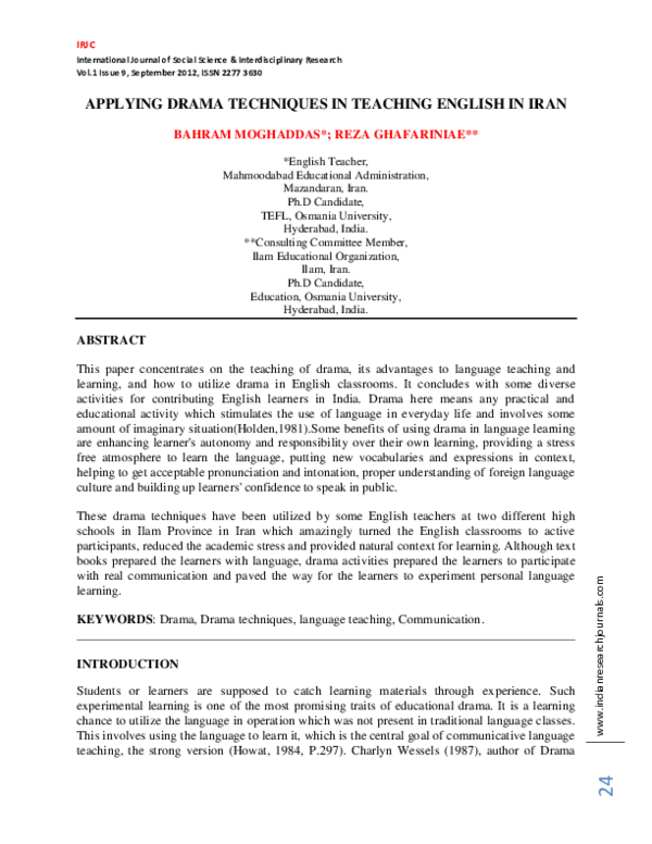 (PDF) Drama Techniques for Enhancing English Learning in Iran (PDF) Drama Techniques for Enhancing English Learning in Iran