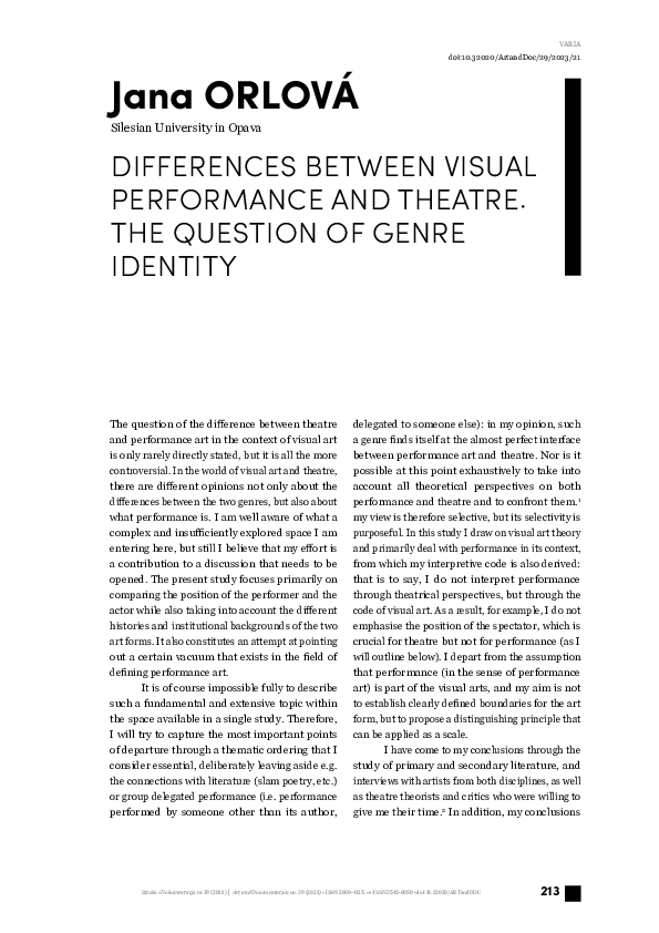 (PDF) DIFFERENCES BETWEEN VISUAL PERFORMANCE AND THEATRE. THE QUESTION ...