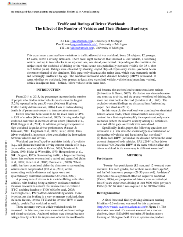 (PDF) Traffic and Ratings of Driver Workload: The Effect of the Number ...