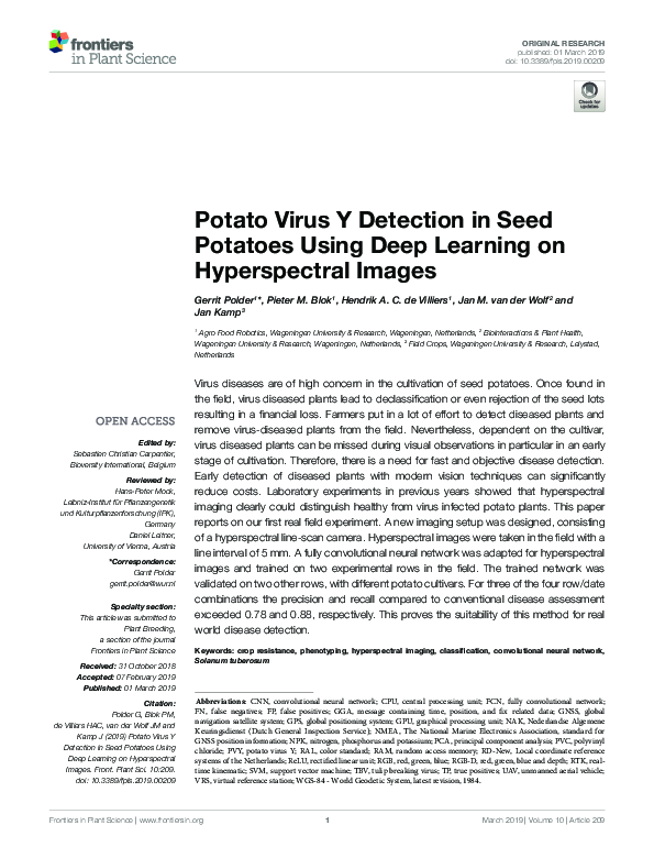 Pdf Potato Virus Y Detection In Seed Potatoes Using Deep Learning On Hyperspectral Images