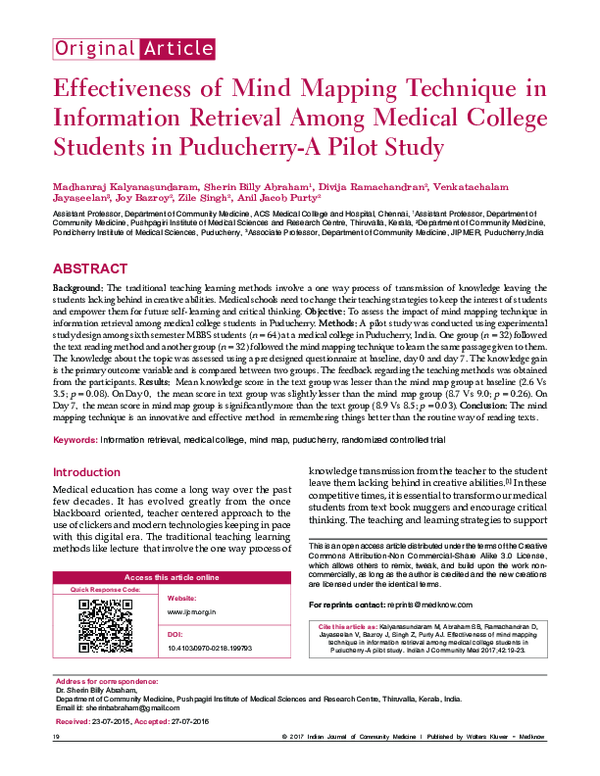 (PDF) Effectiveness of mind mapping technique in information retrieval among medical college ...