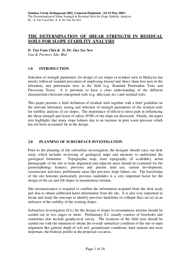 (PDF) THE DETERMINATION OF SHEAR STRENGTH IN RESIDUAL SOILS FOR SLOPE STABILITY ANALYSIS