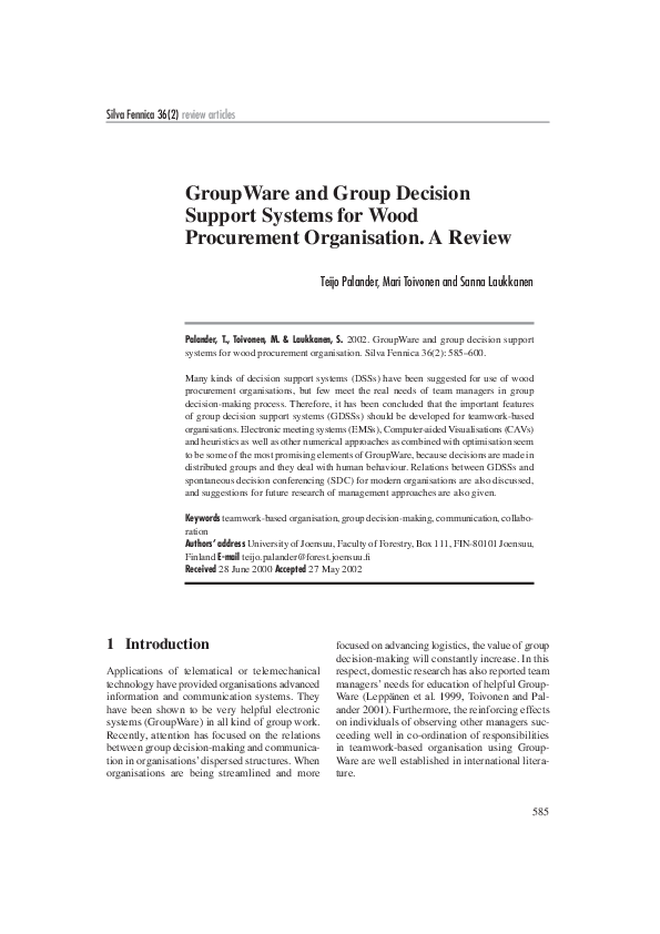 (PDF) GroupWare and group decision support systems for wood procurement organisation. A review