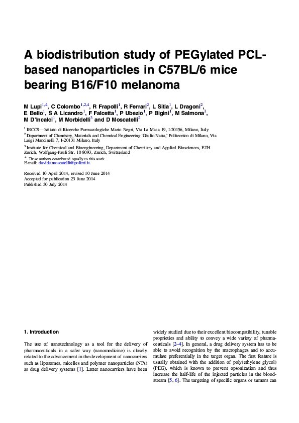 (PDF) A biodistribution study of PEGylated PCL-based nanoparticles in ...