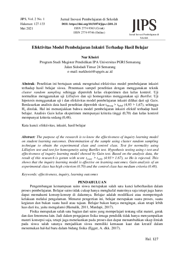 (PDF) Efektivitas Model Pembelajaran Inkuiri Terhadap Hasil Belajar