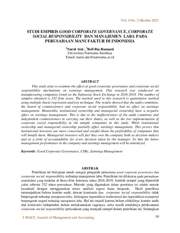 (PDF) Studi Empiris Good Corporate Governance, Corporate Social Responsibility Dan Manajemen ...