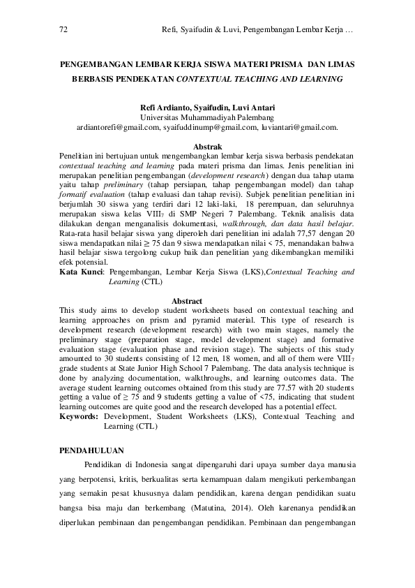 (PDF) Pengembangan Lembar Kerja Siswa Materi Prisma Dan Limas Berbasis Pendekatan Contextual ...