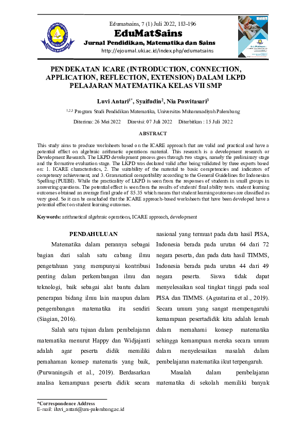 (PDF) Pendekatan Icare (Introduction, Connection, Application, Reflection, Extension) Dalam LKPD ...