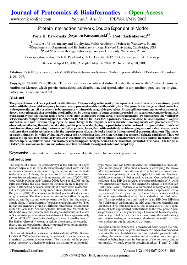 (PDF) Protein Interaction Network. Double Exponential Model