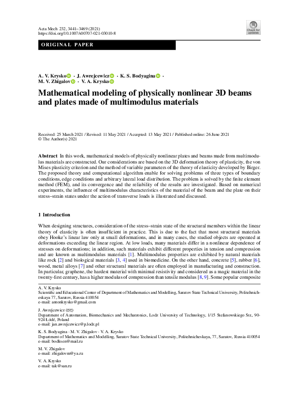 Pdf Mathematical Modeling Of Physically Nonlinear 3d Beams And Plates Made Of Multimodulus