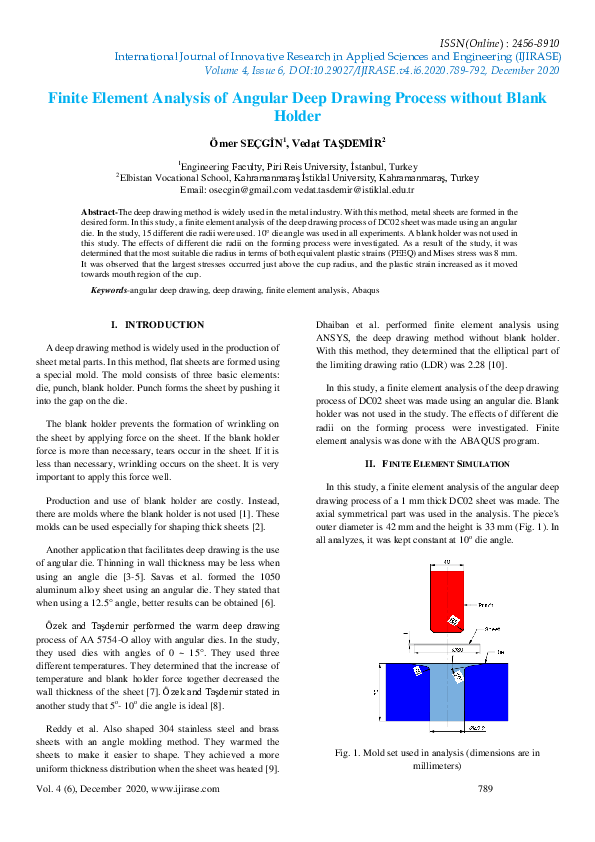 (PDF) Finite Element Analysis of Angular Deep Drawing Process without Blank Holder