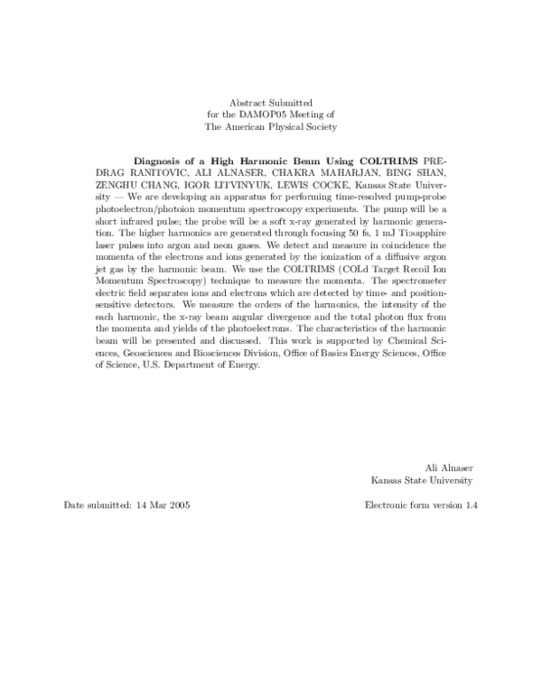 (PDF) Diagnosis of a High Harmonic Beam Using COLTRIMS
